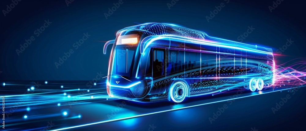 Digital blue high-speed bus in low poly wireframe, the future of ...