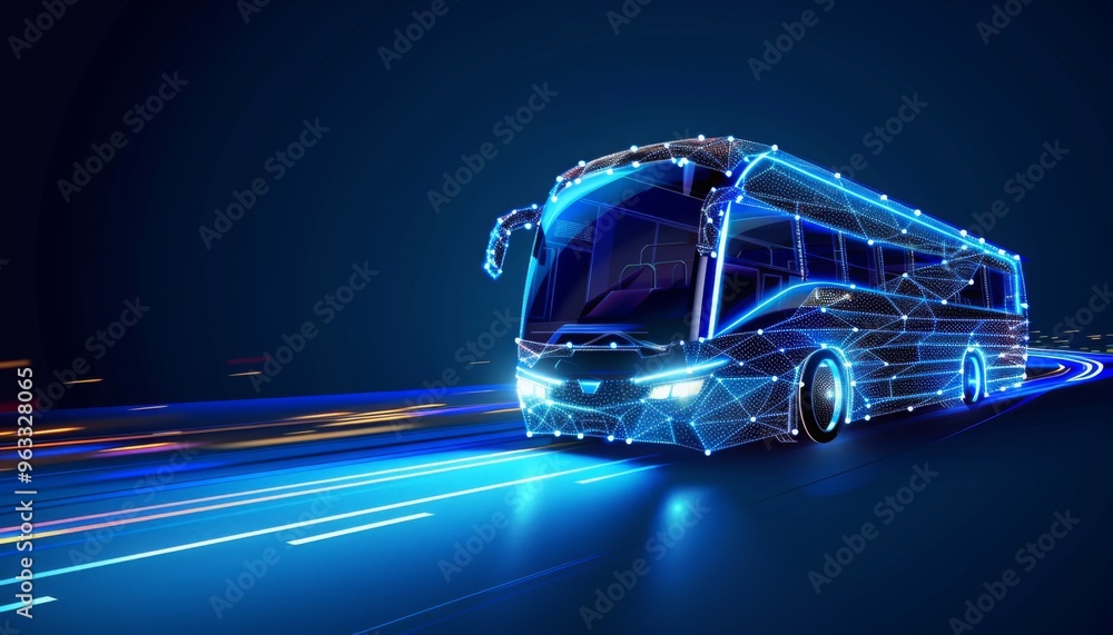 Digital blue high-speed bus in low poly wireframe, the future of ...
