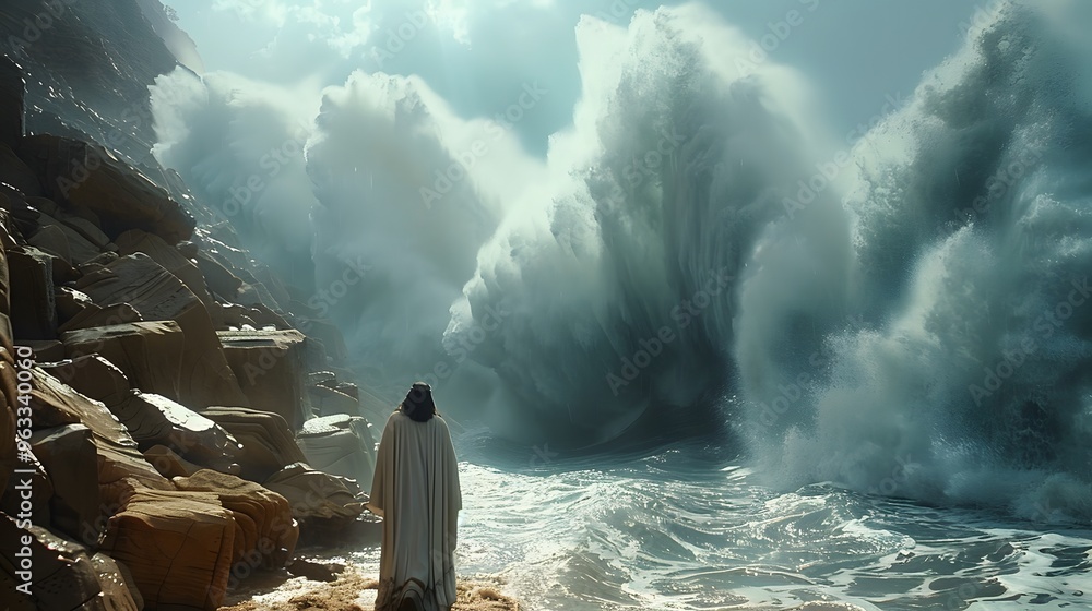 Show the awe-inspiring scene of Moses parting the Red Sea, with massive ...