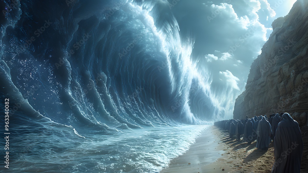 Ilustración de Stock Show the awe-inspiring scene of Moses parting the ...