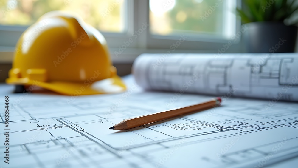 Blueprint floor plan architectural project on the table with yellow ...