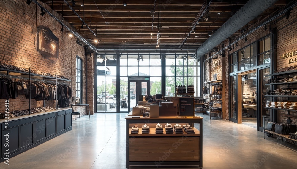 Modern retail store interior with exposed brick walls, large windows ...