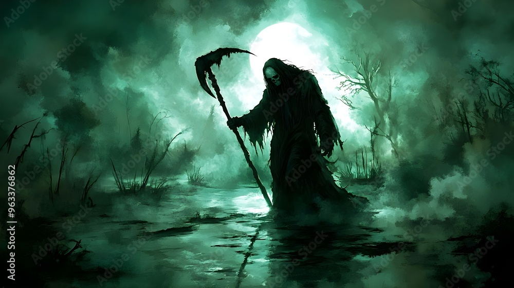 A haunting figure shrouded in mist, holding a scythe under an eerie moonlight. Perfect for ...