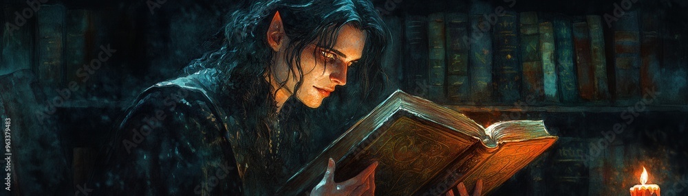 Young vampire reading an ancient book by candlelight in a dark library ...