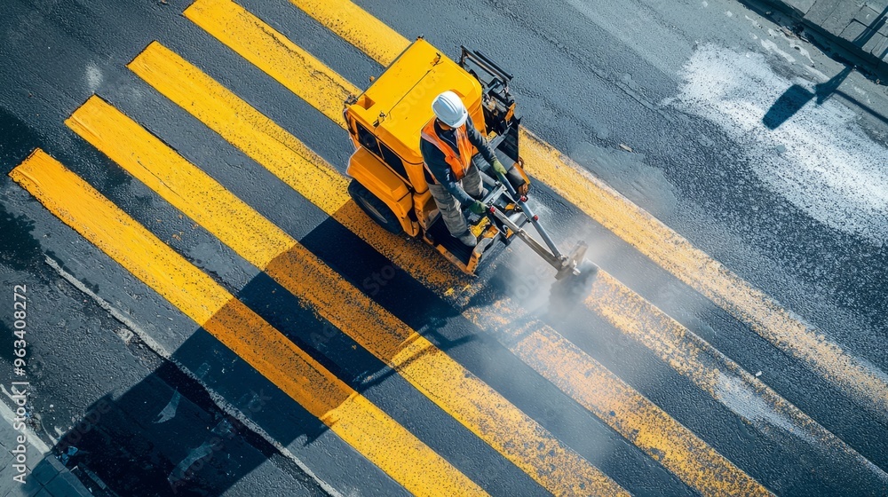 Process of making new road surface markings with line striping machine ...