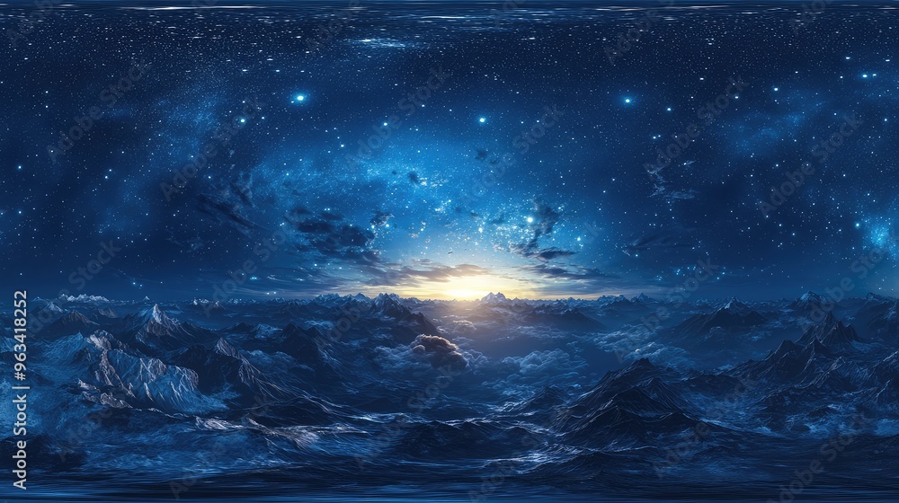 Map of a starry night sky in 360, with a detailed and soft-lit blue ...
