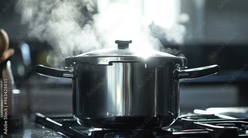 A close-up of a pressure cooker on a stovetop, with steam escaping from ...