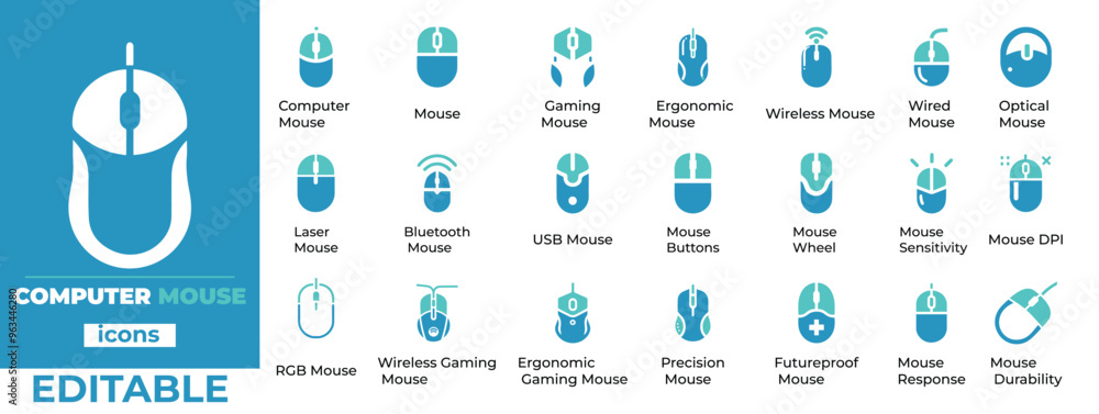 Editable computer mouse icons: laser, Bluetooth, USB, wired, wireless ...