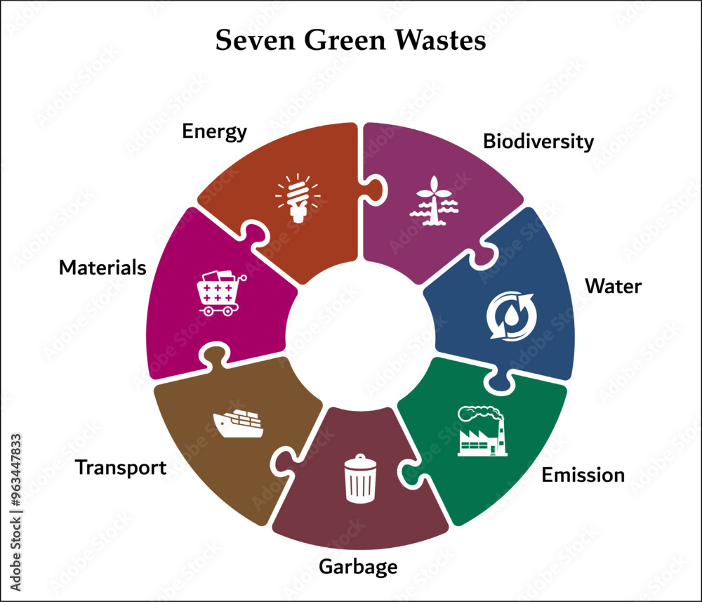 Seven green wastes - Biodiversity, Water, Emission, Garbage, Transport ...