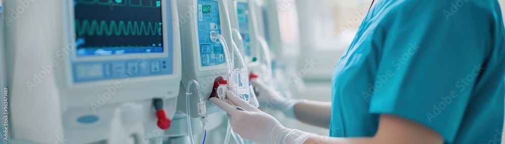 Healthcare professional adjusting kidney dialysis machine settings ...