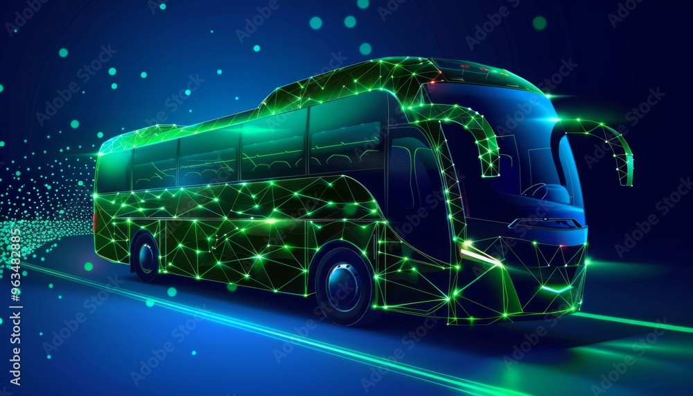Digital green high-speed bus in low poly wireframe, the future of ...