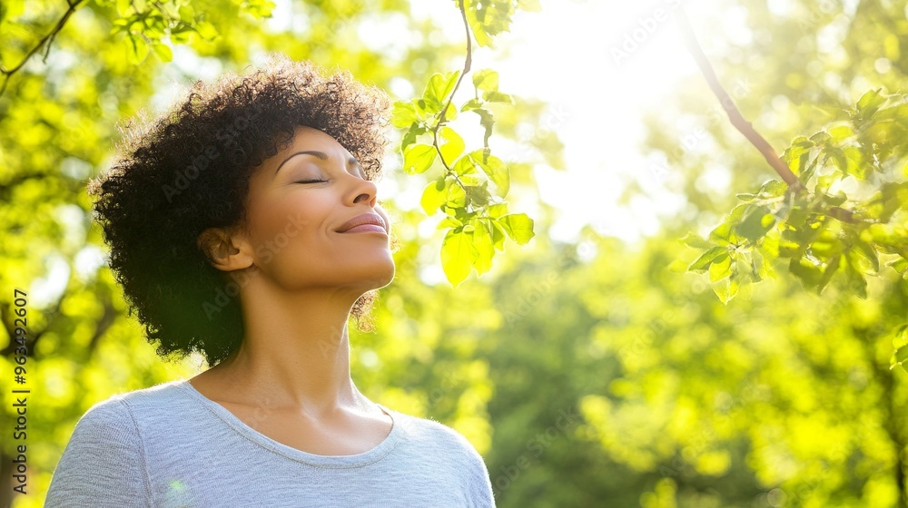 Relaxed Calm African American Woman Taking Break Breathing Fresh Air ...