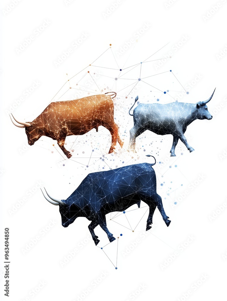 Three polygonal bulls in different colors, symbolizing progression ...