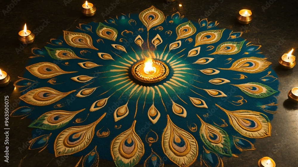 Peacock-themed rangoli design with feathers radiating outwards in ...