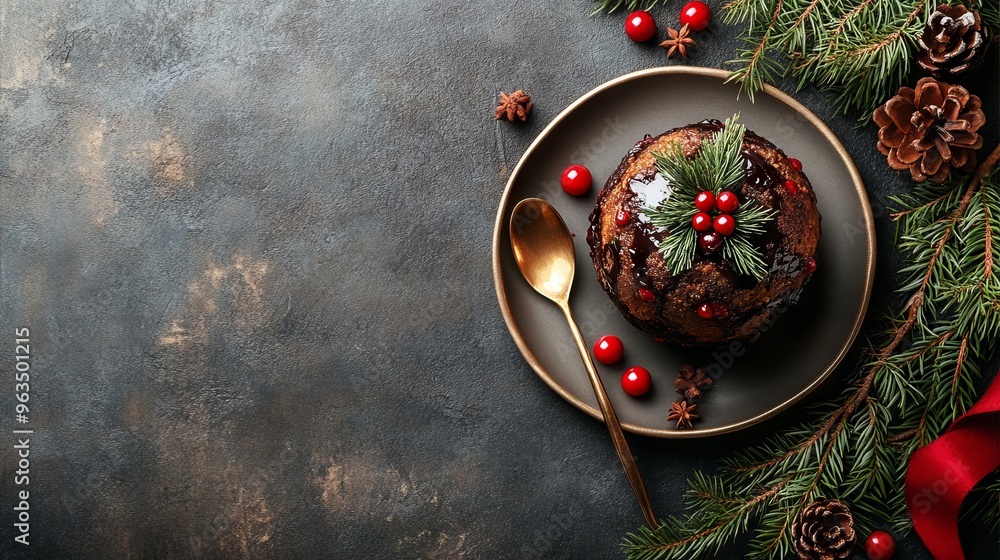 Christmas pudding on dark textured background with free space for text ...