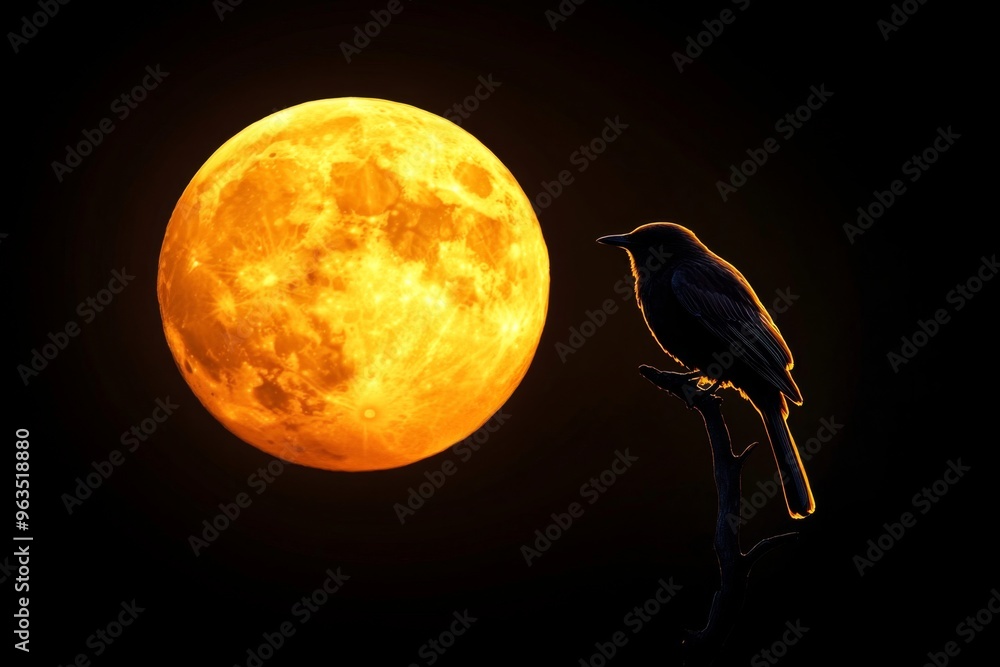 Bird silhouetted against the full moon, a shadow in the night sky ...
