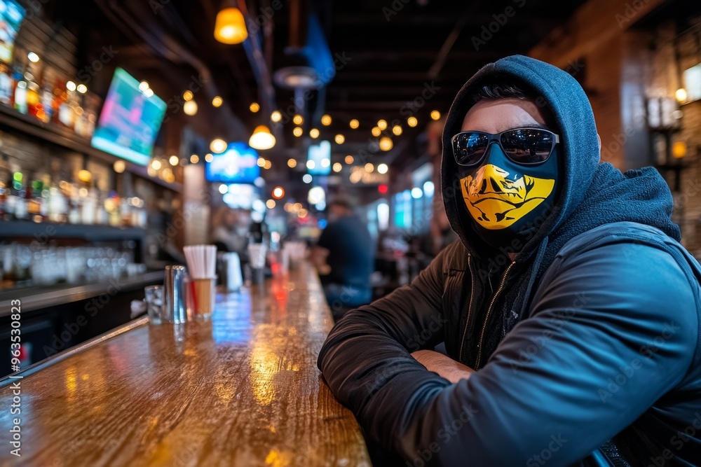 Masked man sitting in a dimly lit bar unnoticed by others as he listens ...