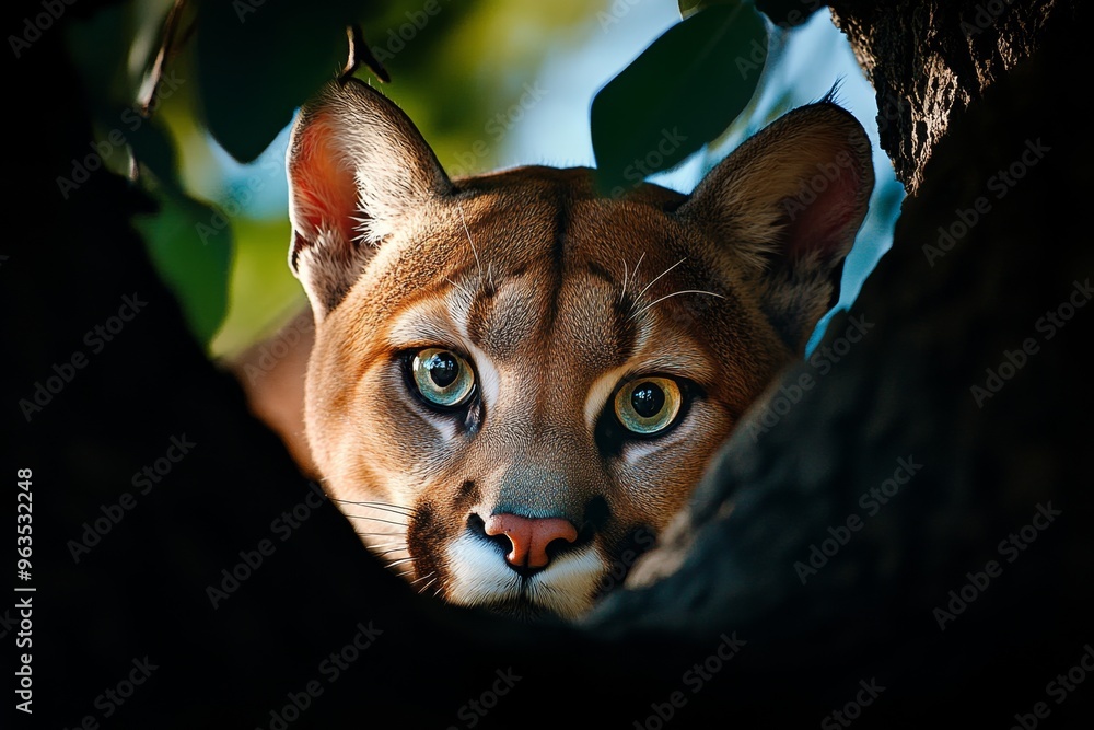 Mountain lion watching from a distance, eyes glowing in the dark as it ...