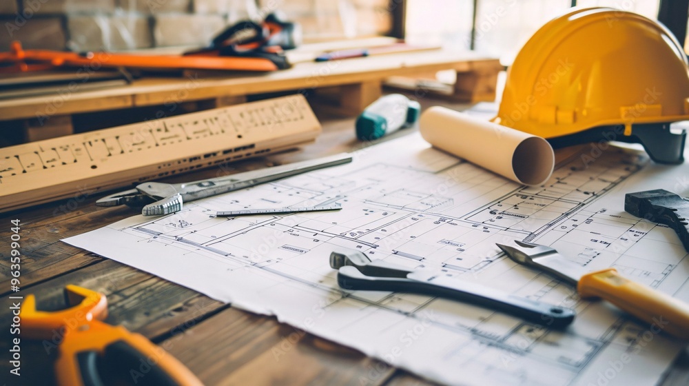 Construction Tools and Blueprint on Wooden Table Stock Photo | Adobe Stock