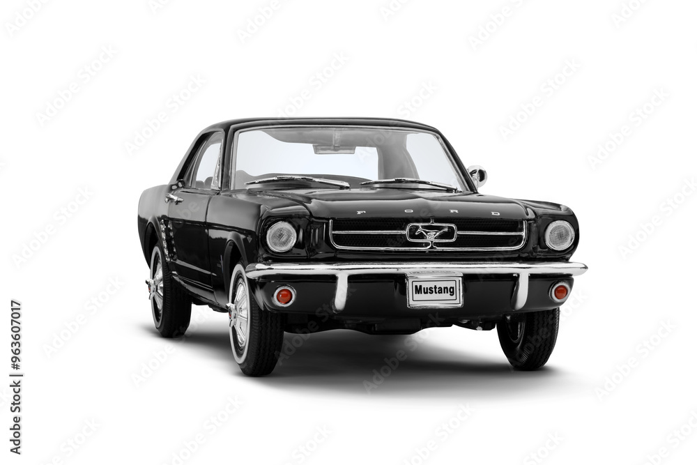 Front and slight right side view of a black Ford Mustang 260 model toy ...