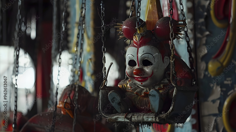 Abandoned carnival ride with broken animatronics, creating a eerie and ...