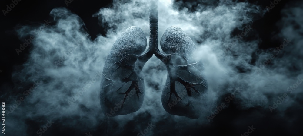 Anatomical model of human lungs surrounded by dark mist highlighting ...