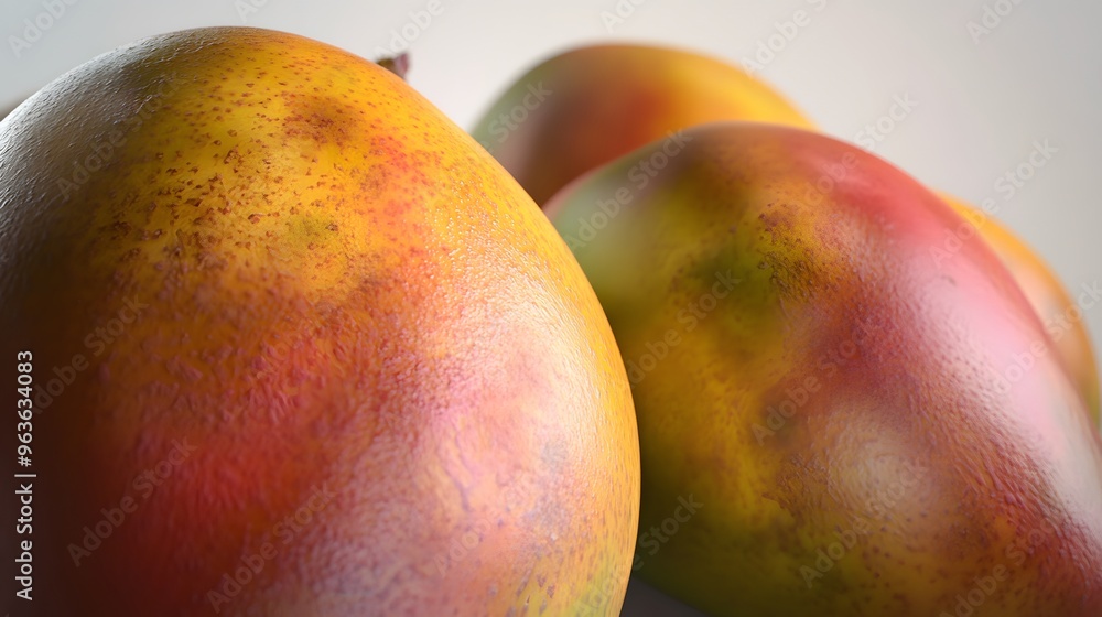 Realistic close-up of ripe mangoes on a white background, highlighting ...