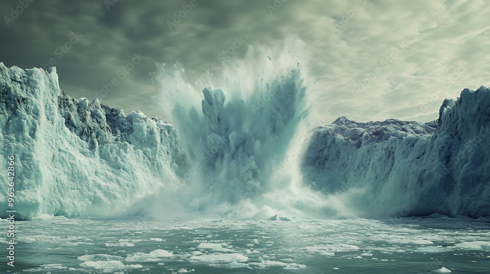 A collapsing glacier pouring into the ocean, visually depicting the ...