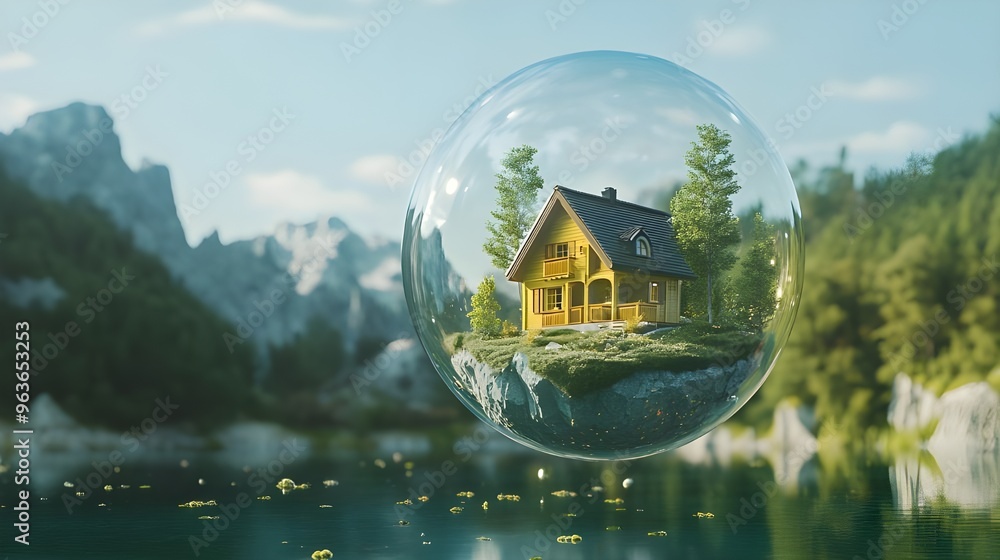 Glass ball in 3D featuring a floating house inside the sphere image ...
