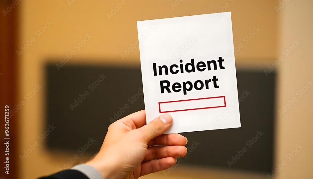 person's hand holding an Incident Report sign, indicating an incident ...