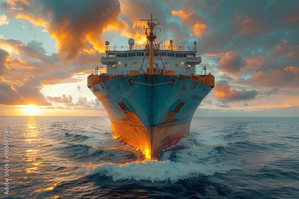 Large blue cargo ship on ocean performing import and export operations ...