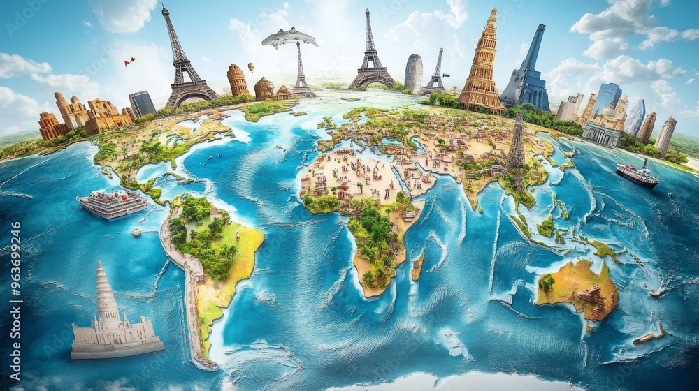 world map and in top off it most tourism famous places Stock Photo ...