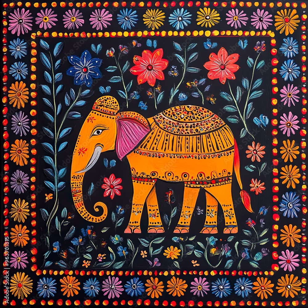 Colorful Madhubani bhil painting with traditional motifs folk art ...