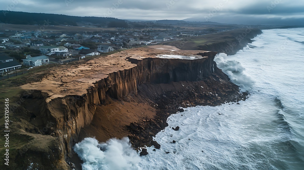 Coastal erosion with waves crashing against crumbling cliffs, showing ...