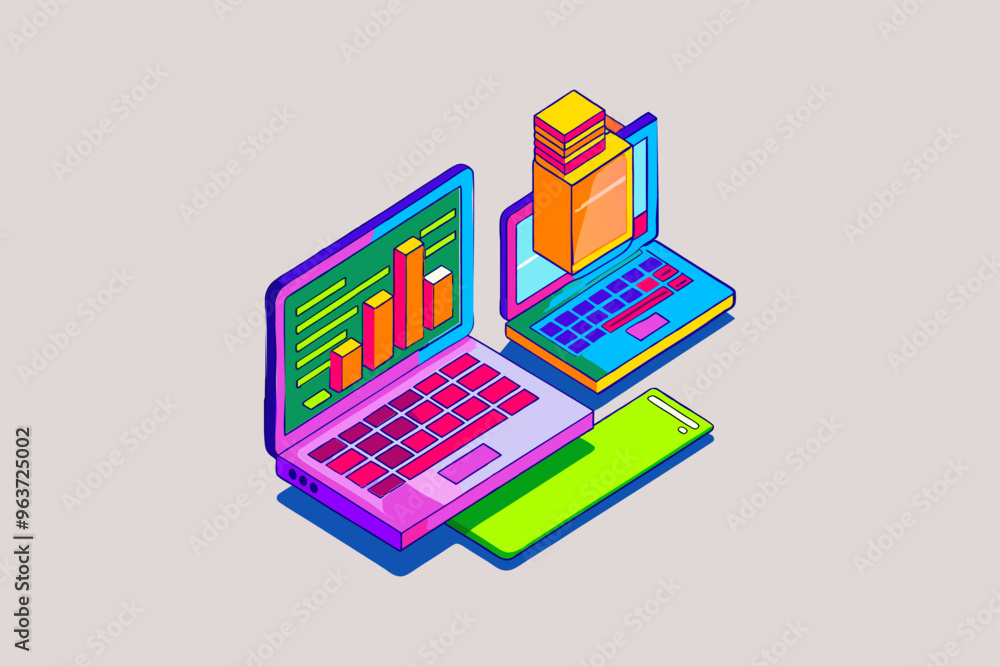 isometric illustration of dual laptops with coding, data analytics, and ...