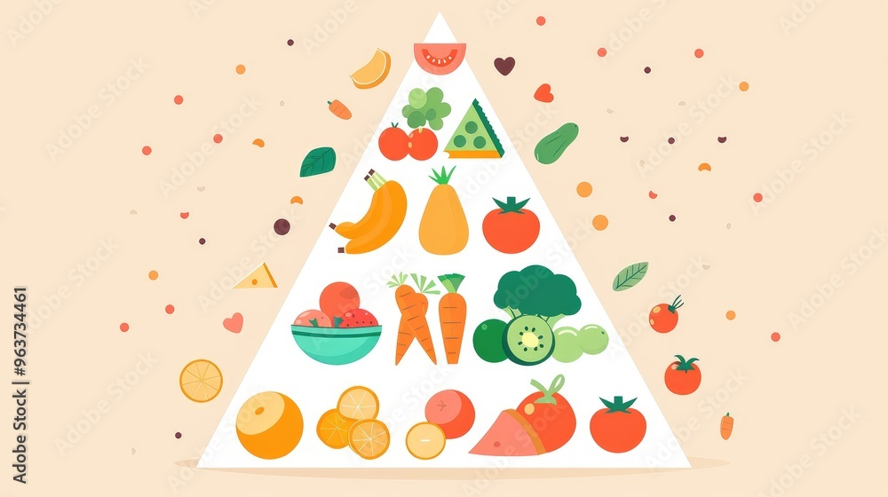 Colorful Food Pyramid Illustration with Fresh Fruits and Vegetables ...