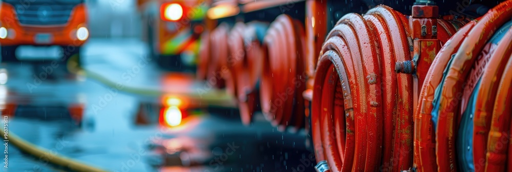Coiled fire hoses on a firefighting vehicle, crucial tools for ...