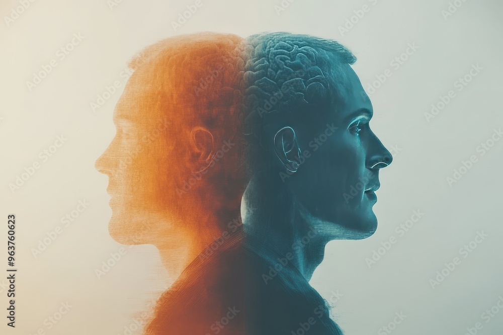 Neural density brain wave Two human faces overlapping with glowing ...