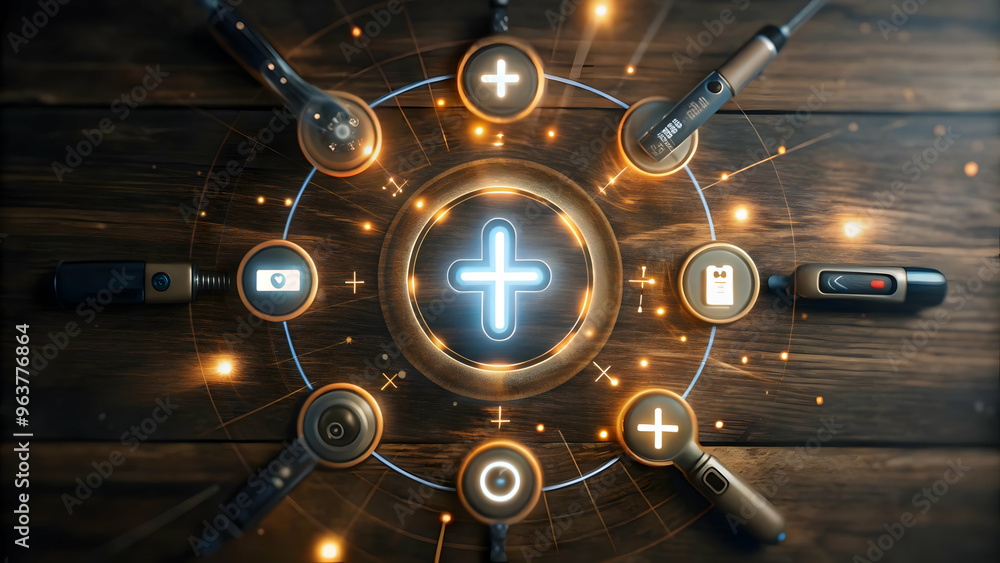 Abstract Glowing Medical Cross with Floating Diabetic Icons for World ...