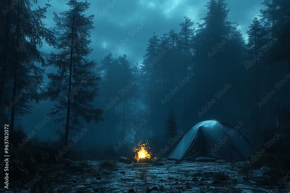 Haunted camping scene with ghost stories around a glowing fire and ...
