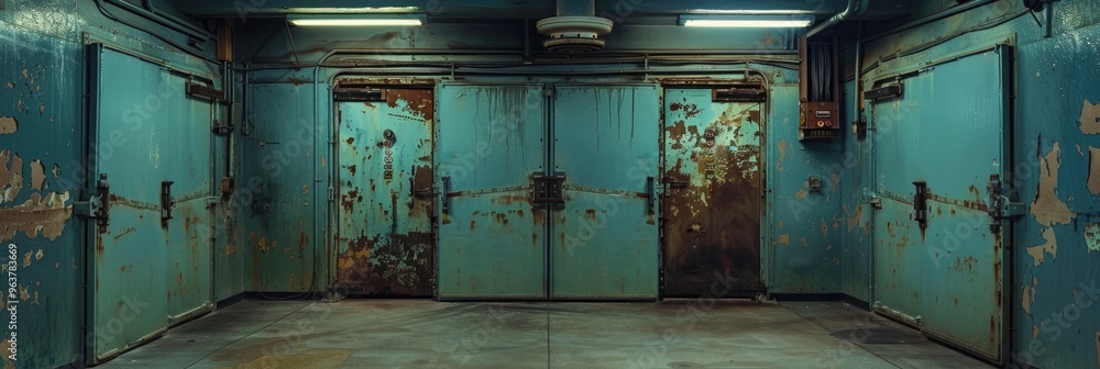 Interior view of a nuclear fallout shelter featuring robust metal doors ...
