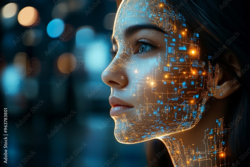 Mental activity Brain Chip Profile of a woman with glowing circuitry ...