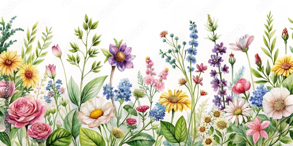 Watercolor Floral Border with Roses, Sunflowers, and Daisies ...
