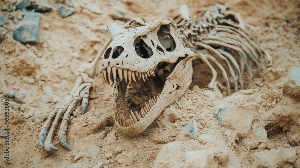 Archaeologists at work uncovering a dinosaur fossil skeleton in rocky ...