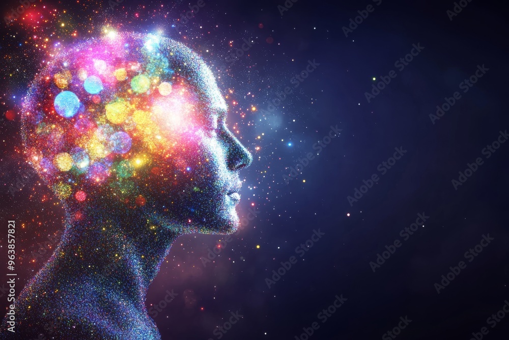 Glial cells serotonin release and neuromodulation digital glowing face ...