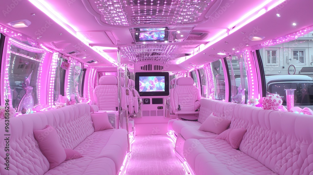 Pink Luxury Party Bus Interior with LED Lights and Seating Stock ...