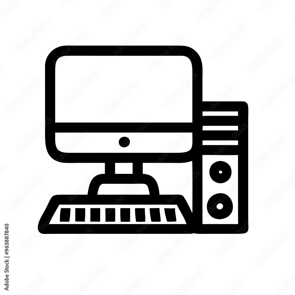Minimal outline desktop PC vector with monitor, keyboard, and system ...