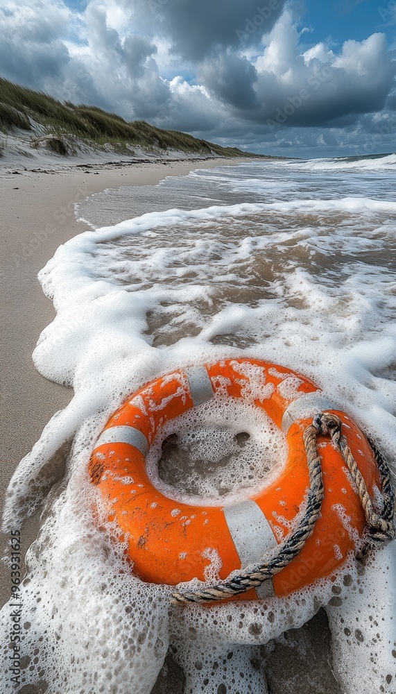 Lifebuoy on a beach with foamy waves. A life preserver washed ashore ...