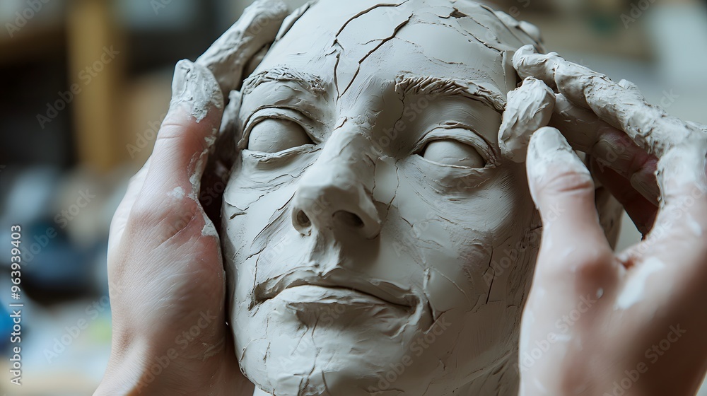 Sculpting a Clay Face: Hands carefully shaping the features of a clay ...