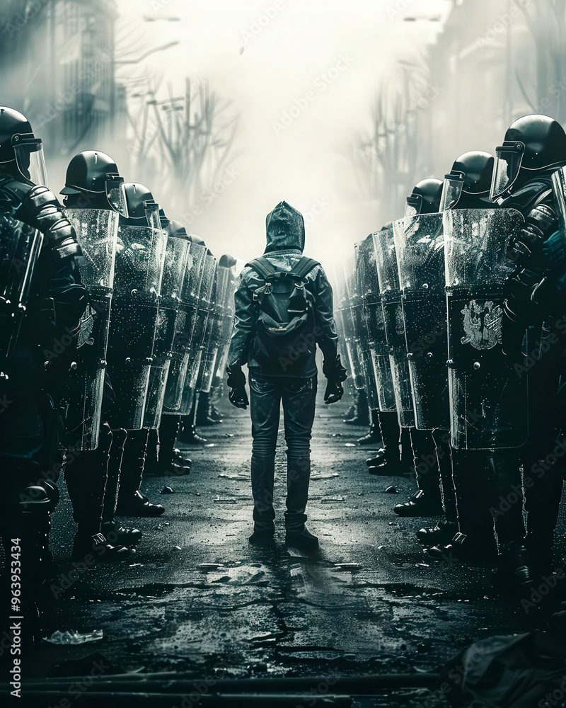 A lone figure stands in front of a line of riot police. The figure is ...